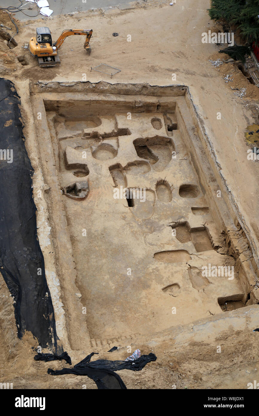 Aerial view of ancient tombs of Shang Dynasty (1600 BC-1046 BC) near ...