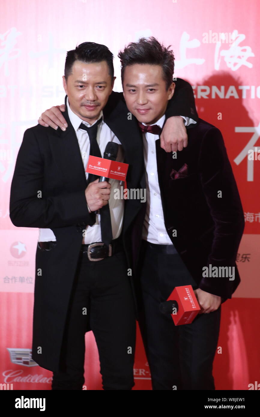 Chinese actors Deng Chao, right, and Duan Yihong pose at a press ...