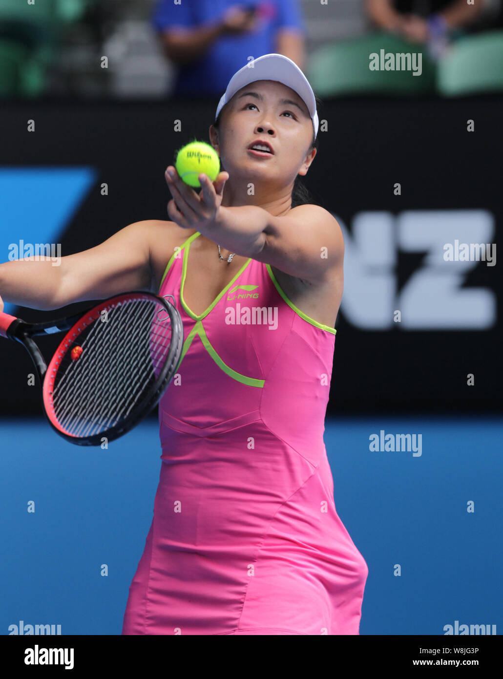 Peng Shuai of China serves against Maria Sharapova of Russia in their ...