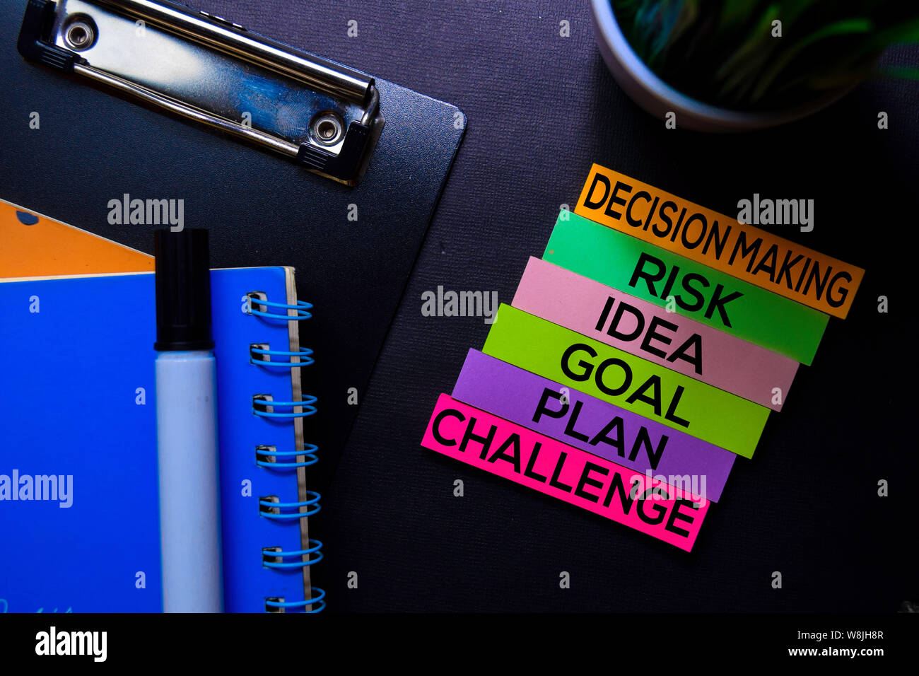 Decision Making, Risk, Idea, Goal, Plan, Challenge text on sticky notes ...