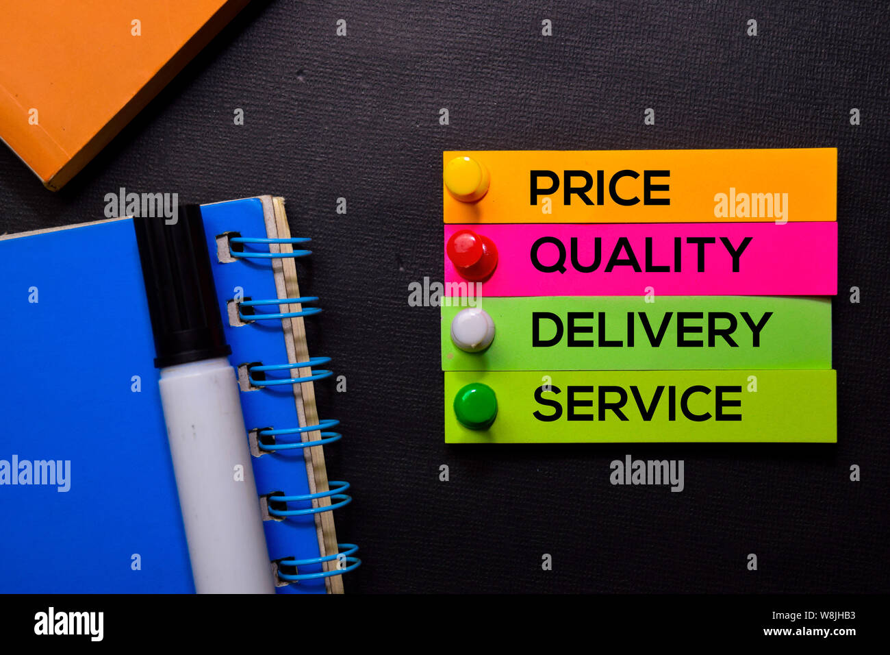 Price, Quality, Delivery, Service text on sticky notes isolated on ...