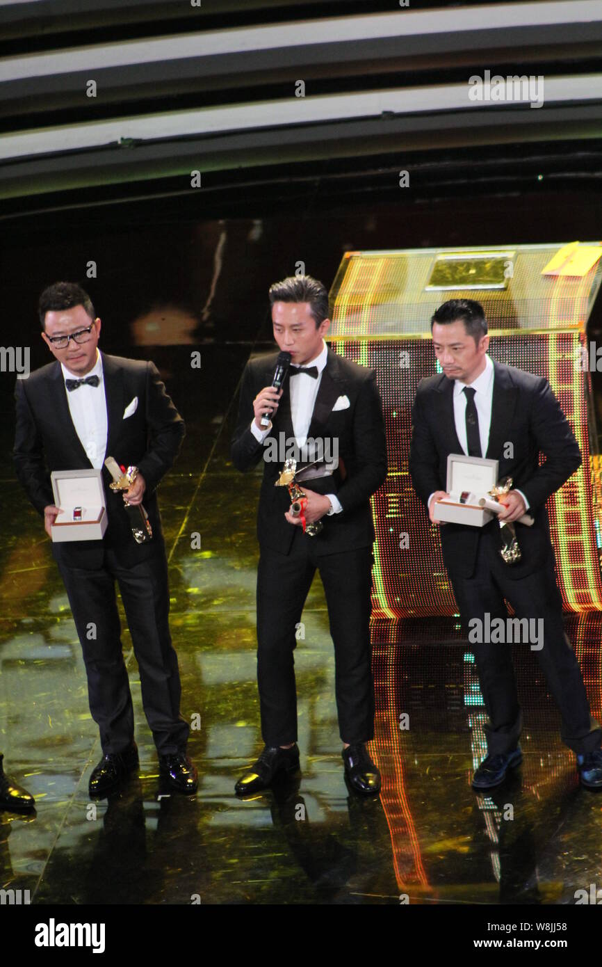 (From left) Chinese actors Guo Tao, Deng Chao and Duan Yihong hold ...