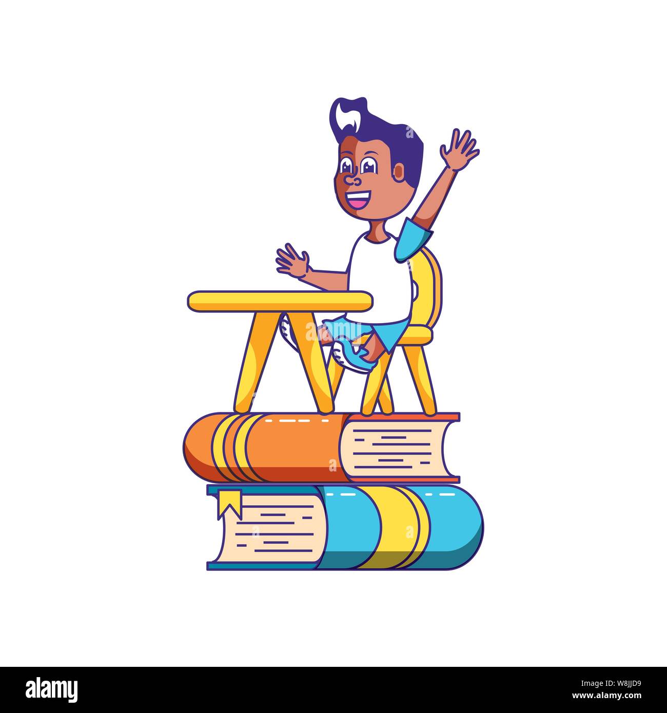 little student boy sitting in school desk with stack books vector ...