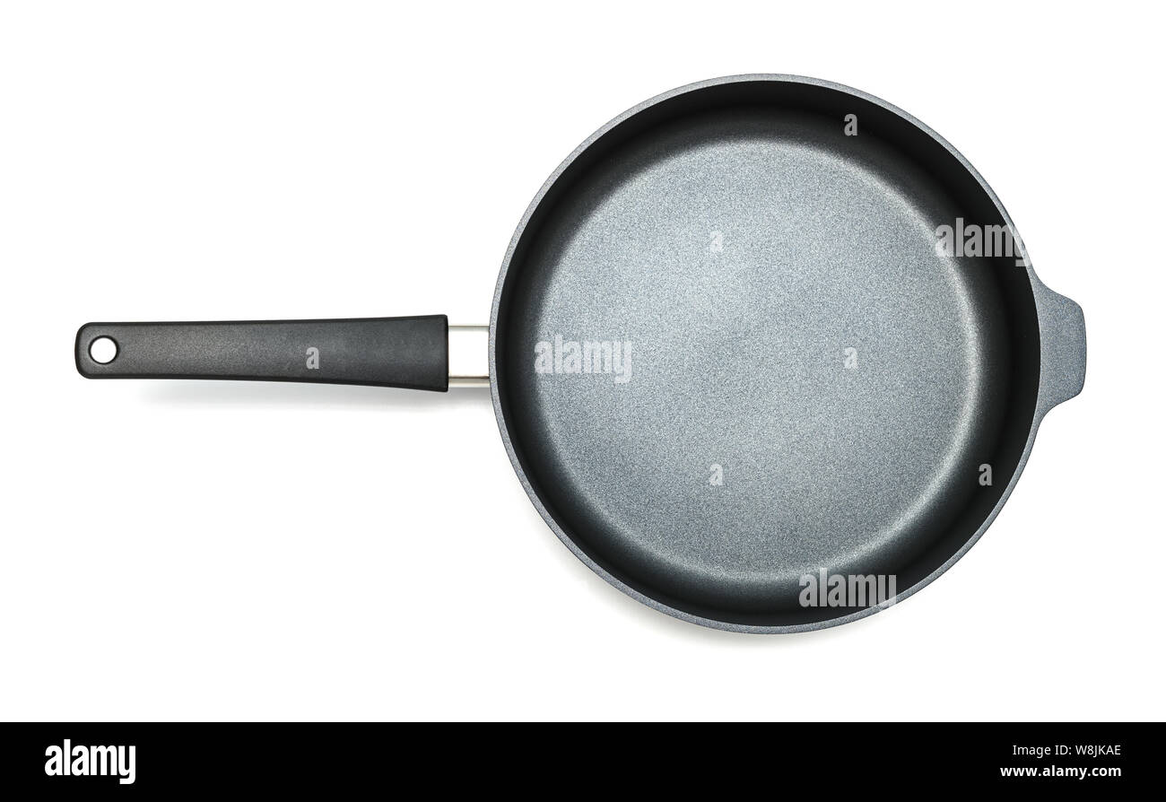 top view brand new matt black stainless steel pan on white background ...