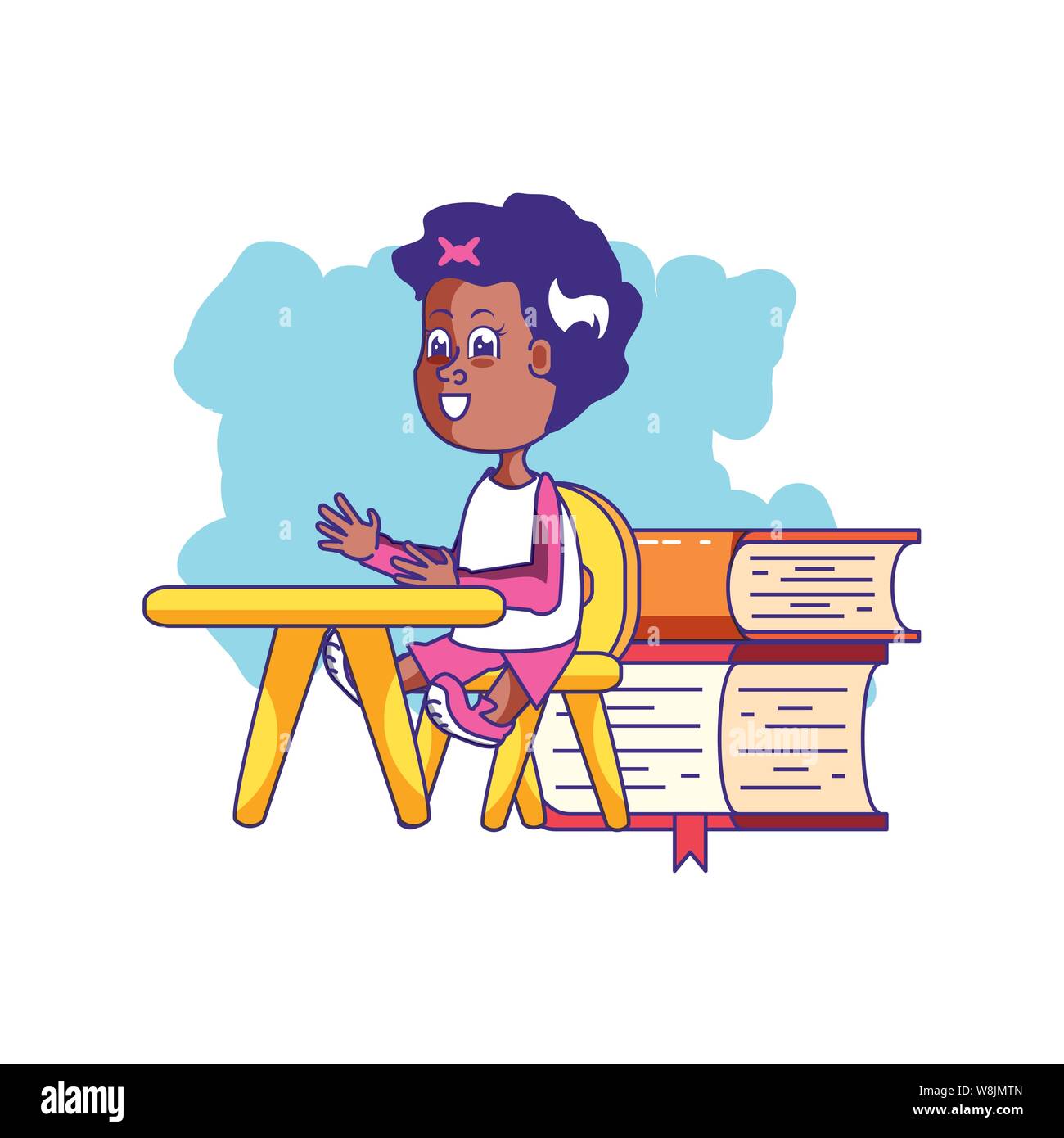little student girl sitting in school desk with stack books vector ...