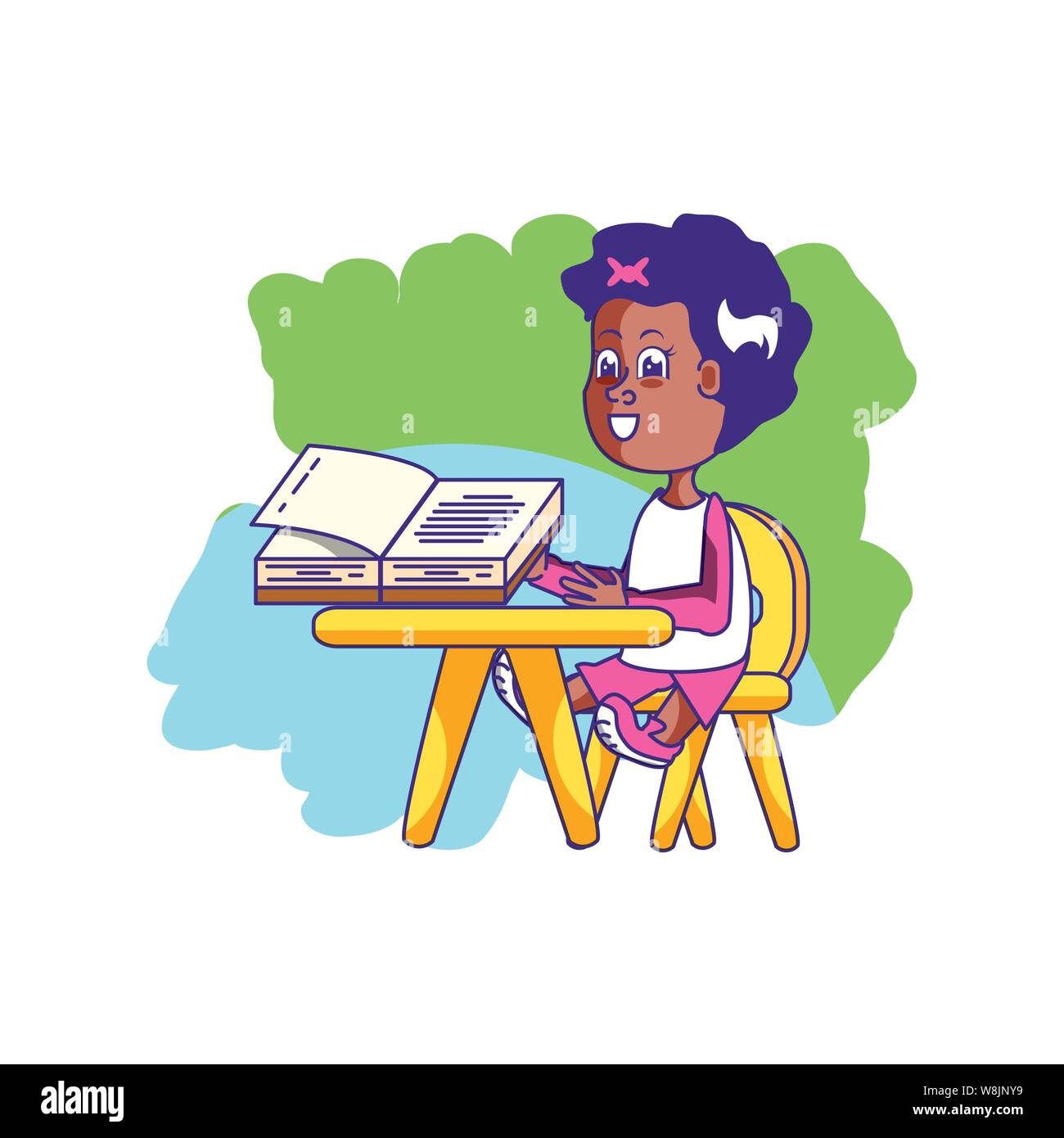 cute little student girl in desk with book open vector illustration ...