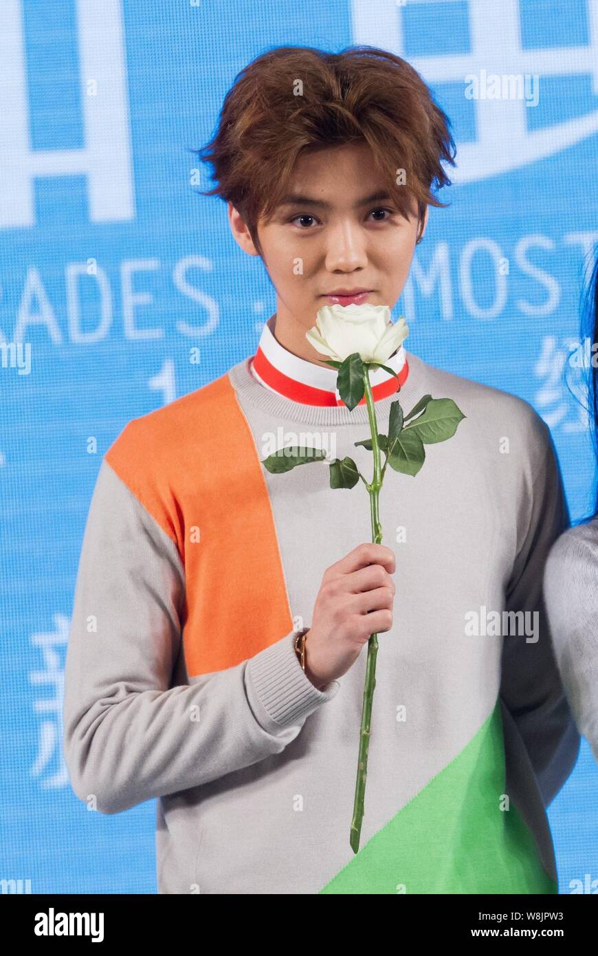 Chinese singer Lu Han poses during a press conference for music video ...