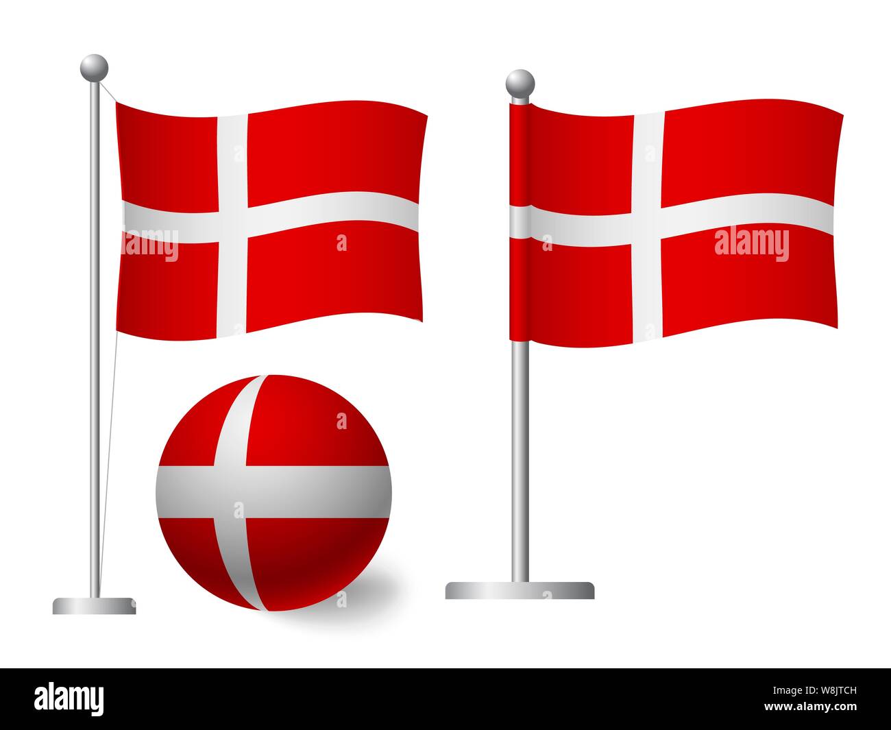 Denmark flag on pole and ball. Metal flagpole. National flag of Denmark ...