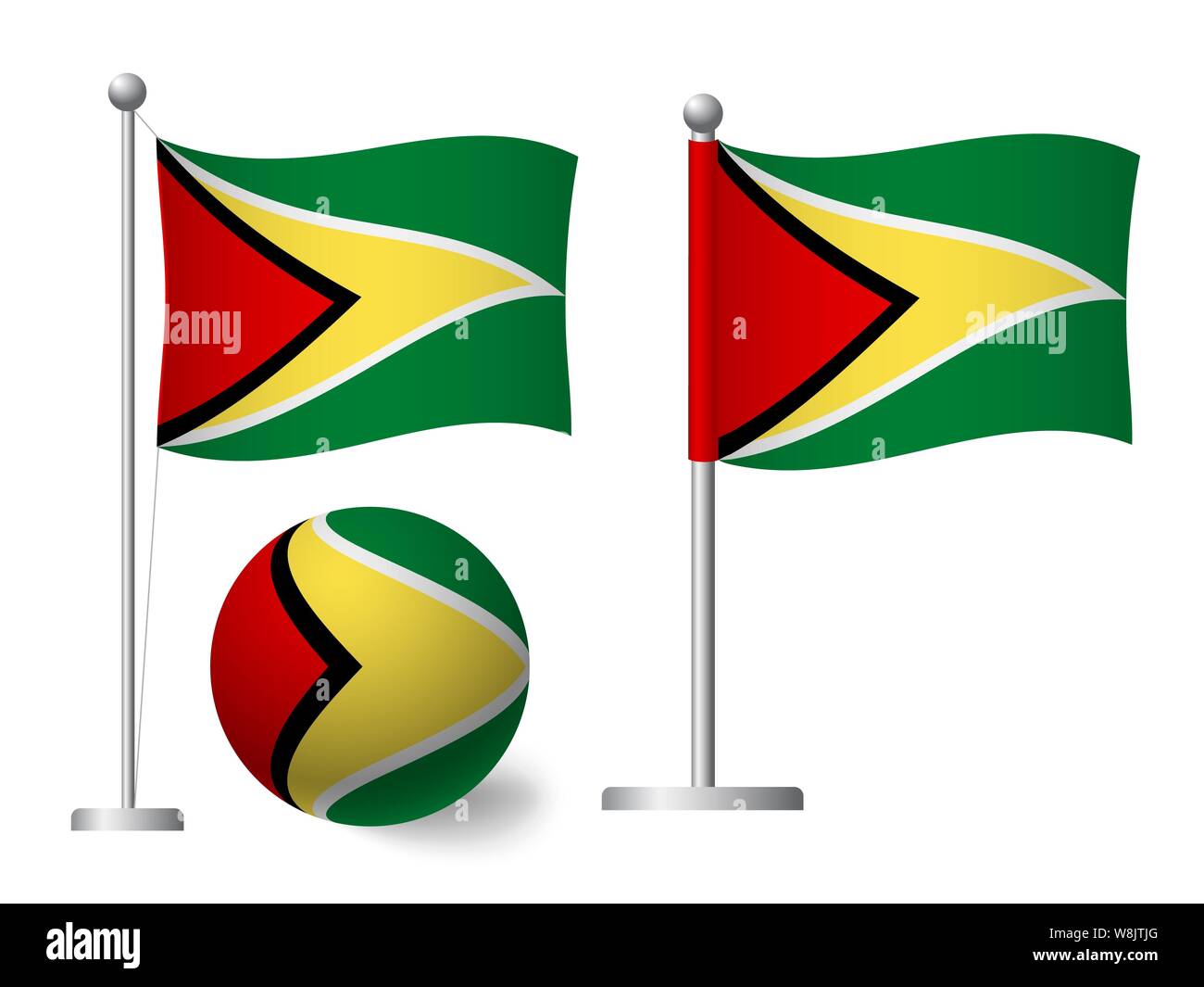 Guyana flag on pole and ball. Metal flagpole. National flag of Guyana illustration Stock Photo ...