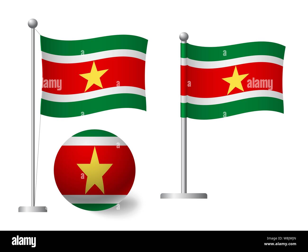 Suriname flag on pole and ball. Metal flagpole. National flag of Suriname illustration Stock ...