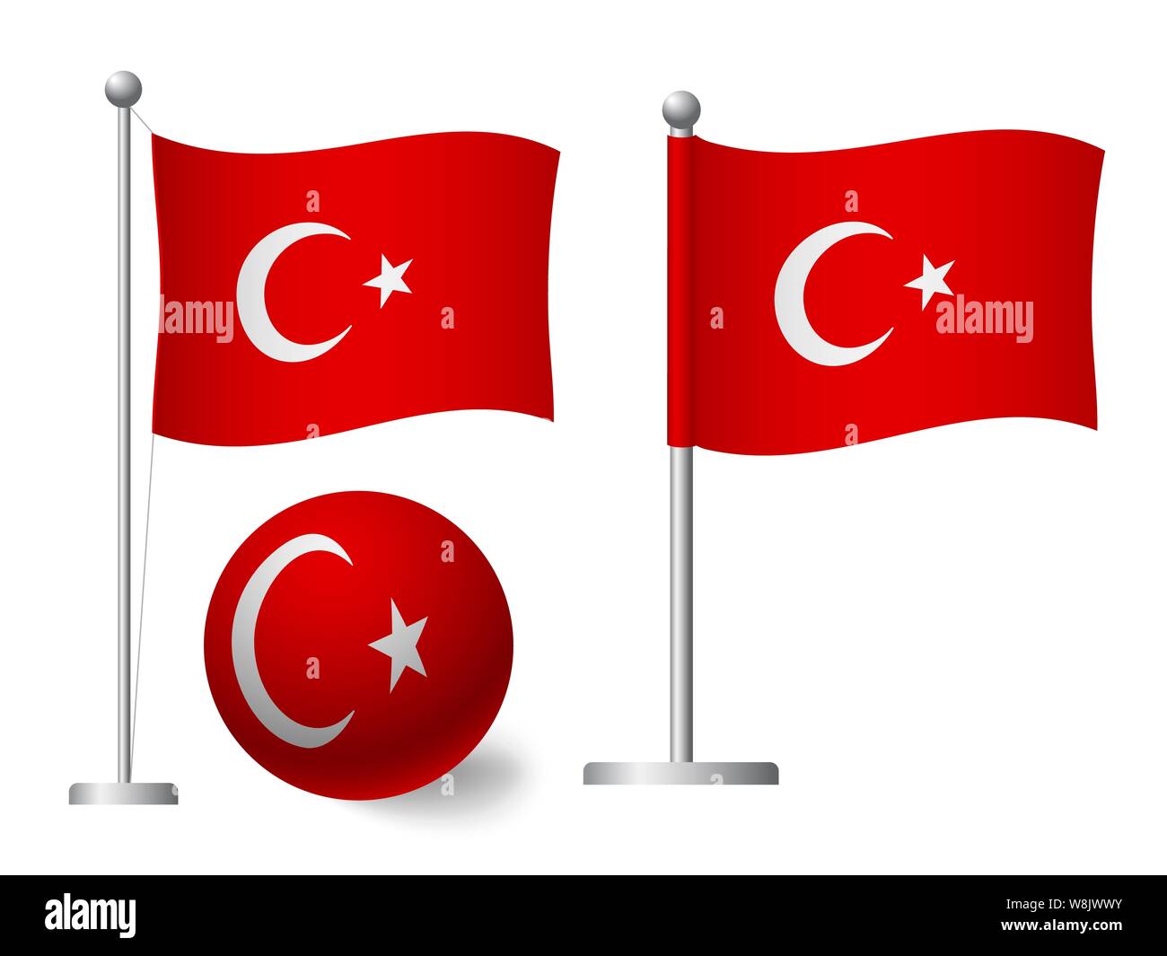 Turkey flag on pole and ball. Metal flagpole. National flag of Turkey ...