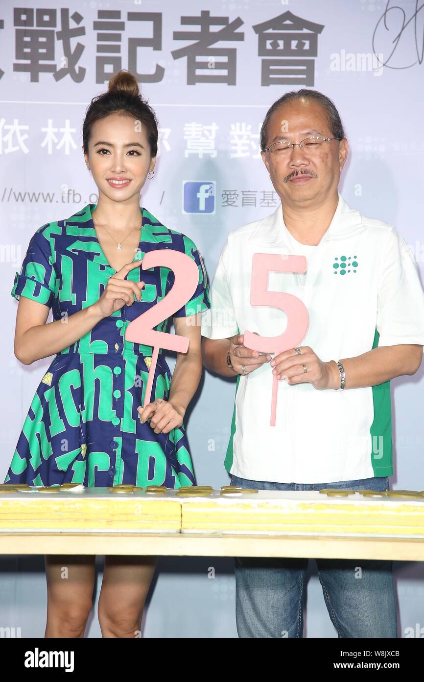 Taiwanese singer Jolin Tsai, left, poses during a charity event for ...