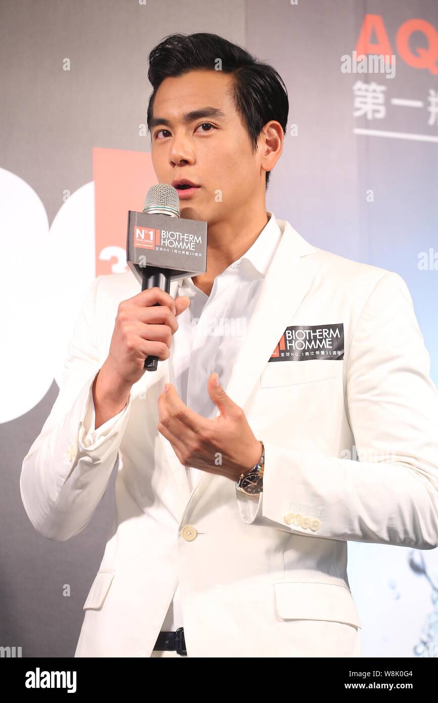 Taiwanese actor Eddie Peng speaks at a promotional event for Biotherm ...