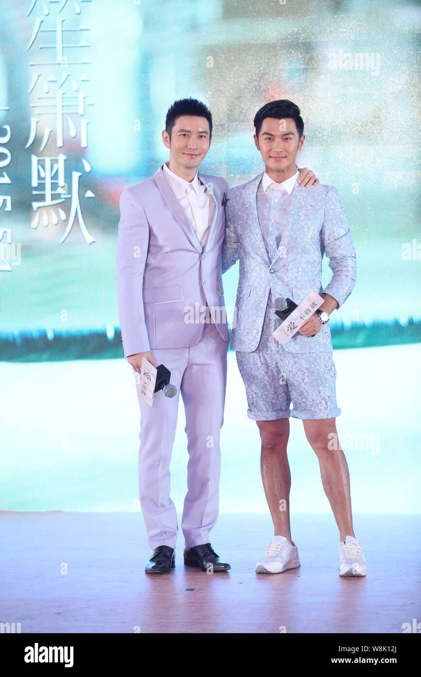 Chinese actors Huang Xiaoming, left, and Shen Tai pose during a press ...