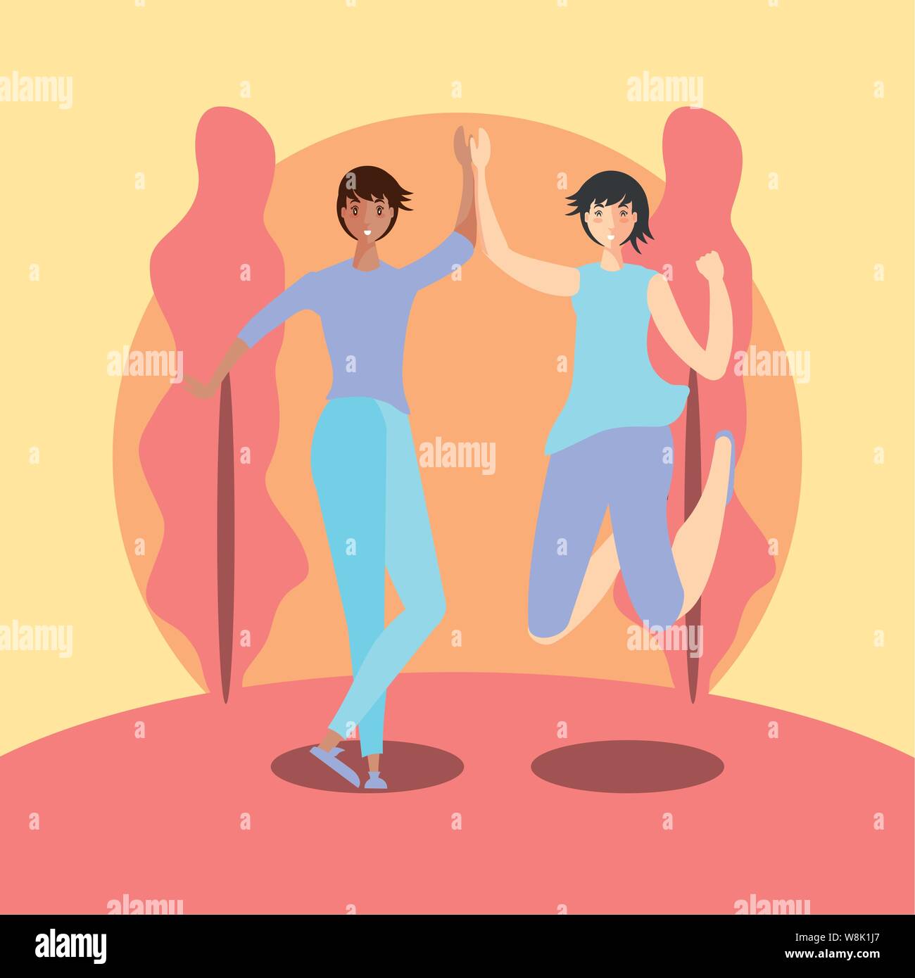 young women celebrating in landscape vector illustration design Stock ...
