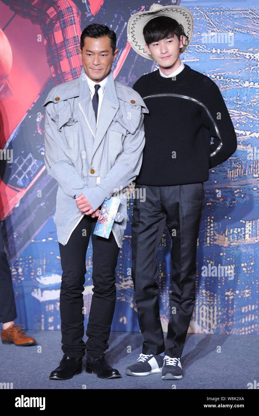 Chinese actor Zhang Han, right, and Hong Kong actor Louis Koo pose ...