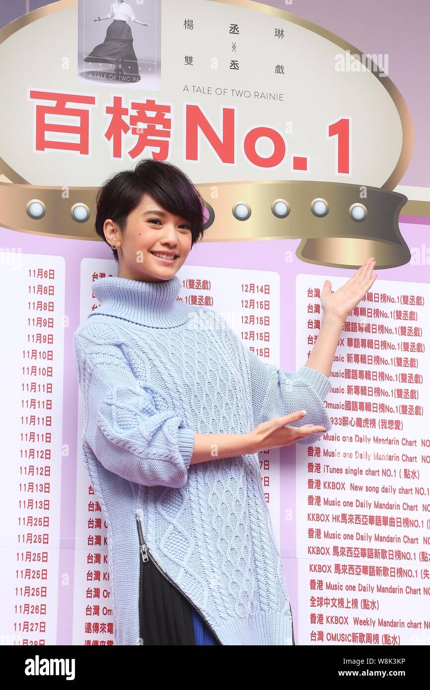 Taiwanese singer Rainie Yang poses at a celebration and promotional event for her new music ...