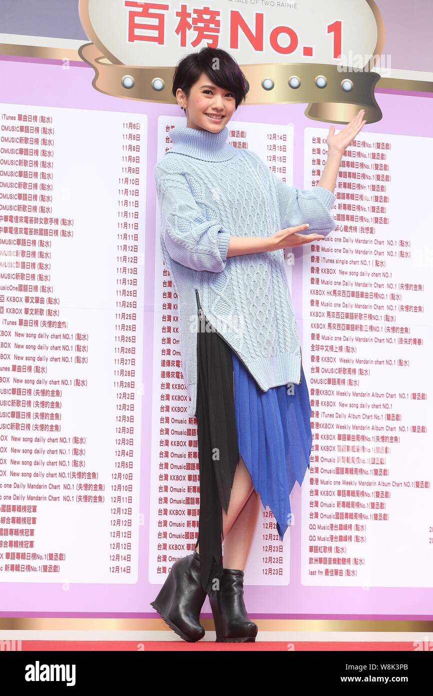 Taiwanese singer Rainie Yang poses at a celebration and promotional event for her new music ...