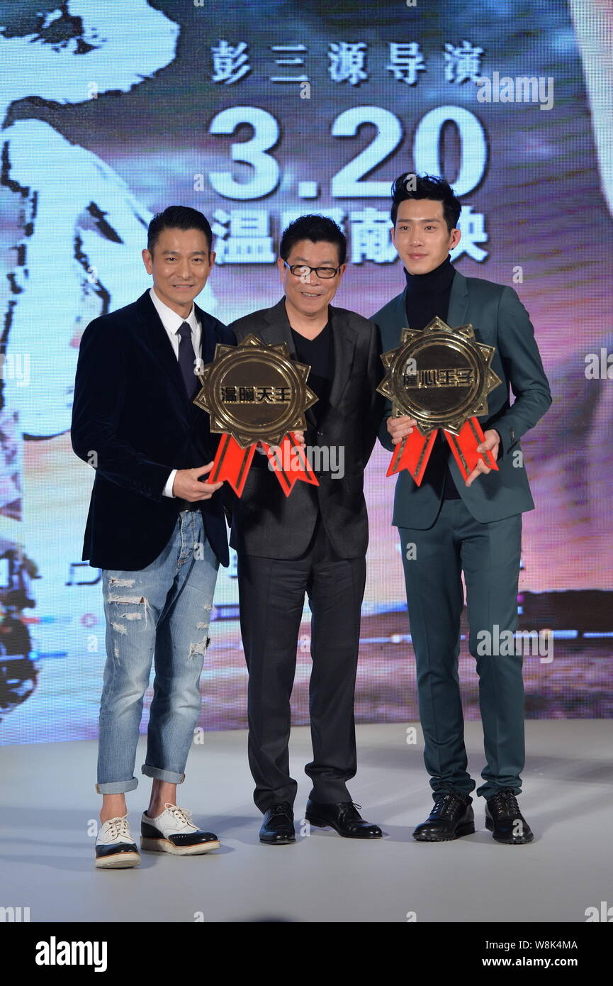 (From left) Hong Kong actor Andy Lau, Wang Zhongjun, Chairman of Huayi Brothers Media ...