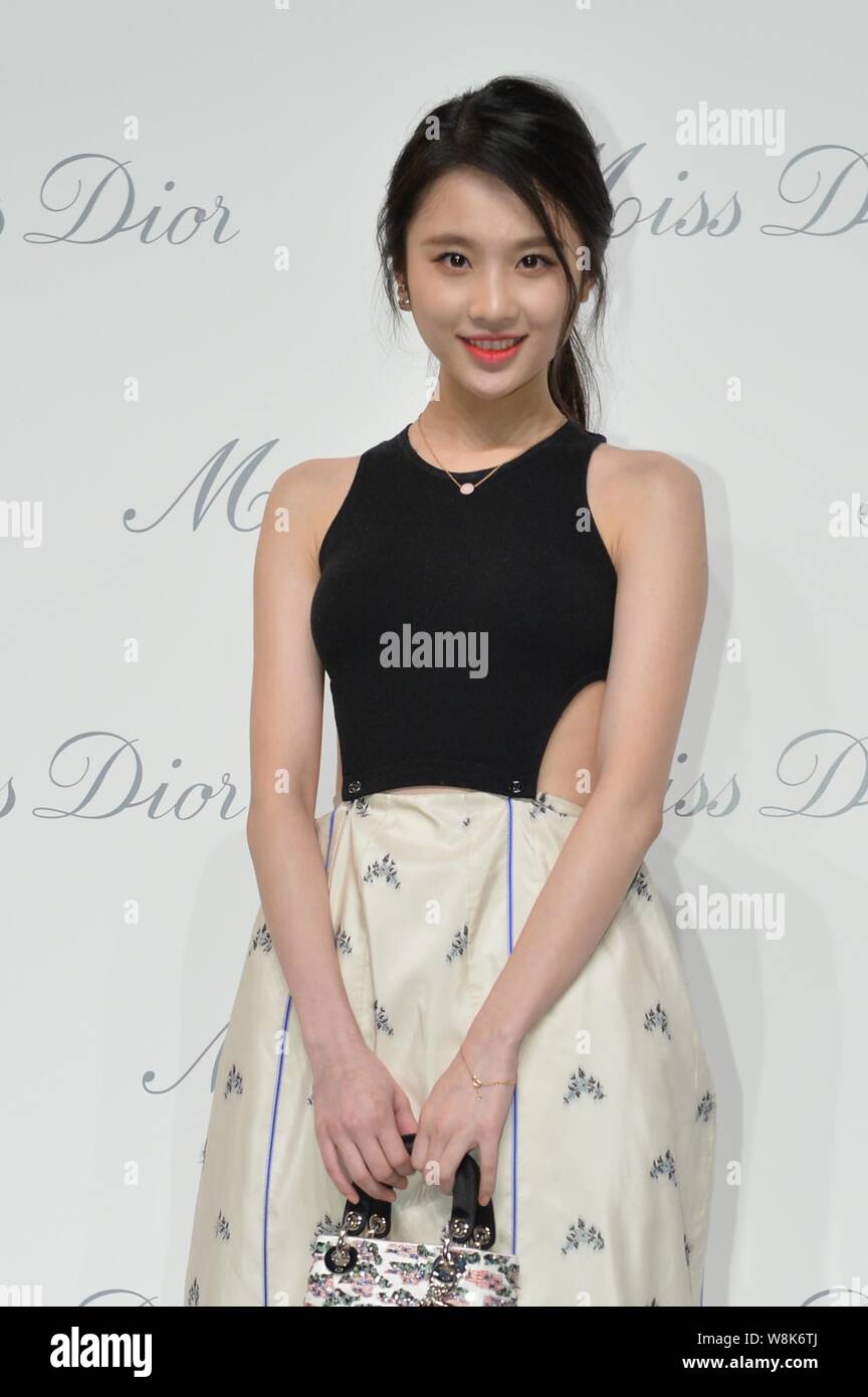 Chinese actress Zhang Huiwen poses on the red carpet for the opening of Miss Dior exhibition in ...