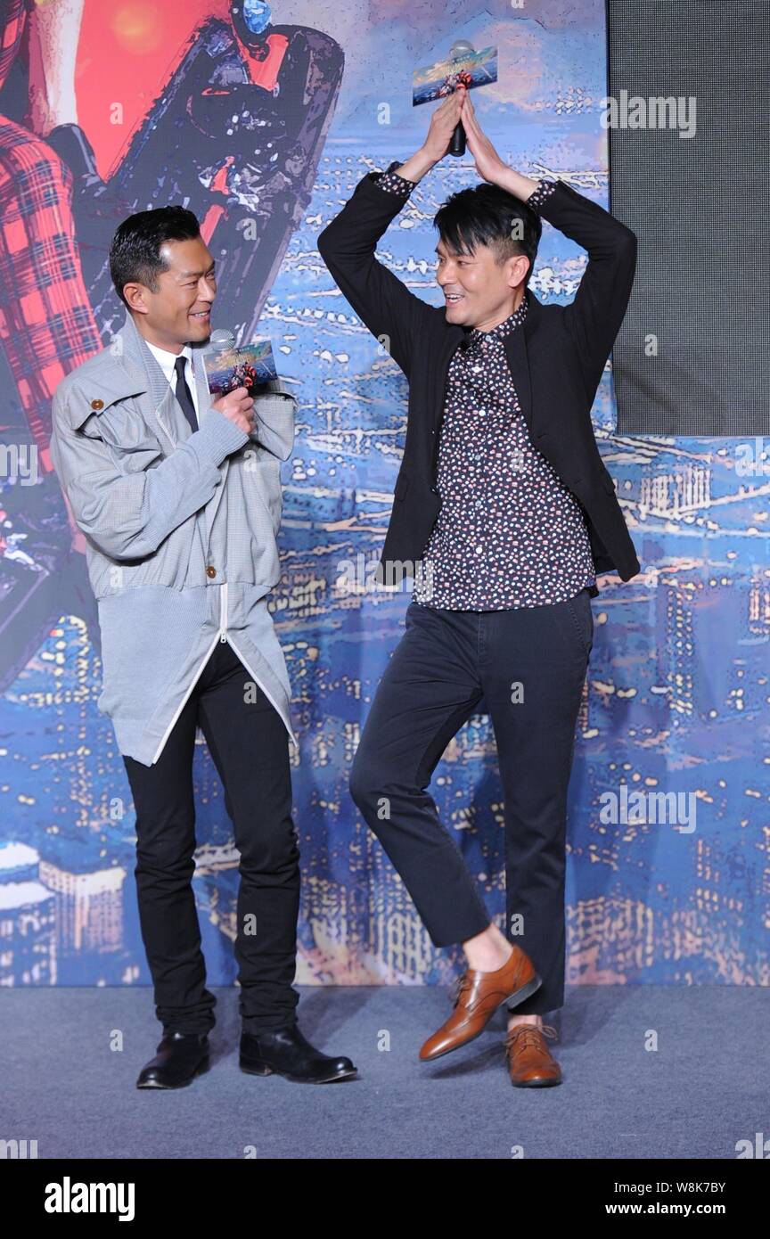 Hong Kong actor Gordon Lam, right, poses as actor Louis Koo smiles ...