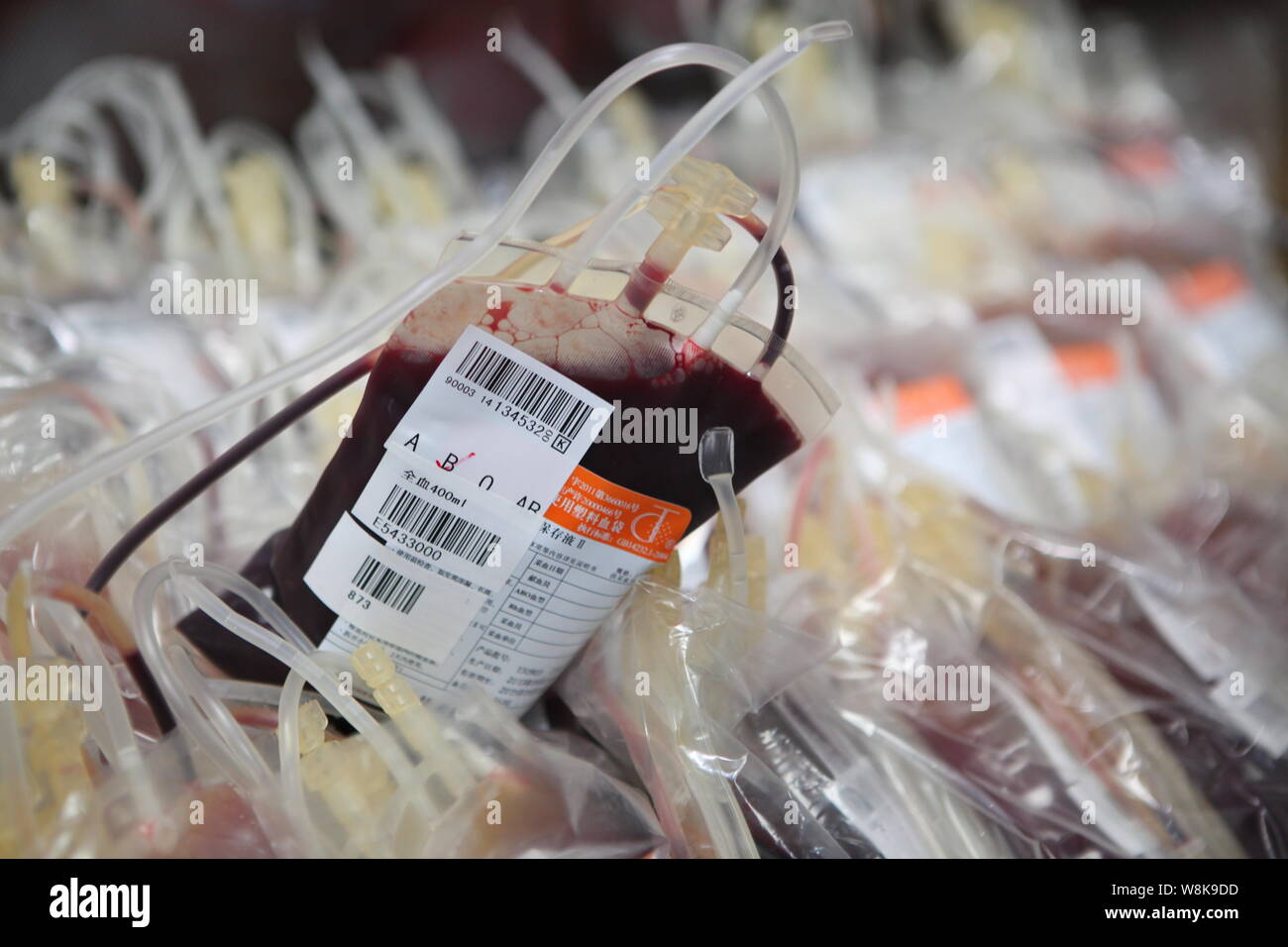 --FILE--Bags of blood from donors are pictured on a blood donation bus ...
