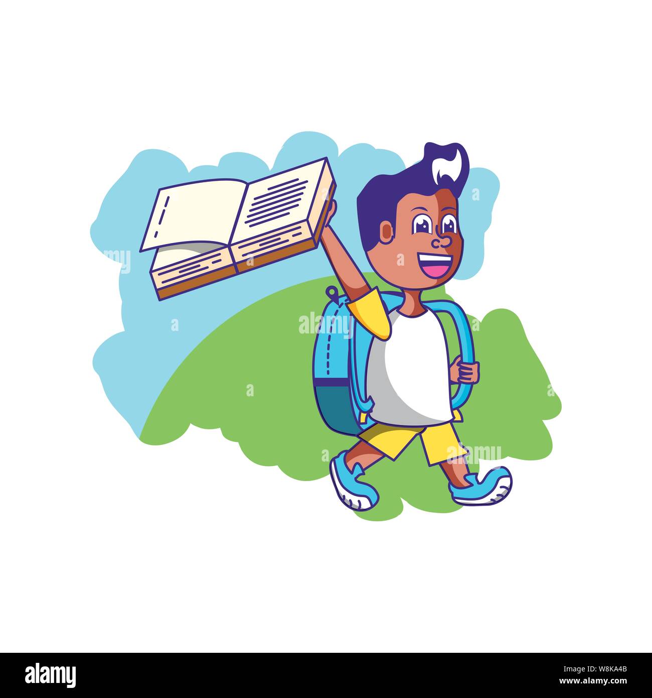 cute little student boy with book open vector illustration design Stock ...