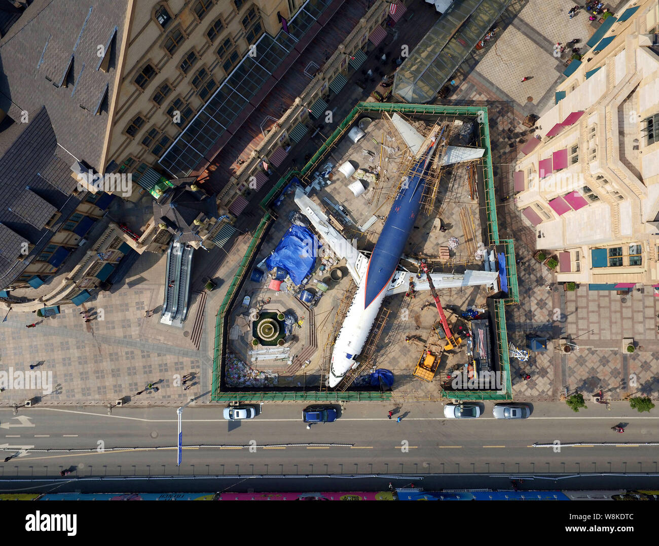 An aerial view of a retired Boeing 737 passenger jet being renovated ...