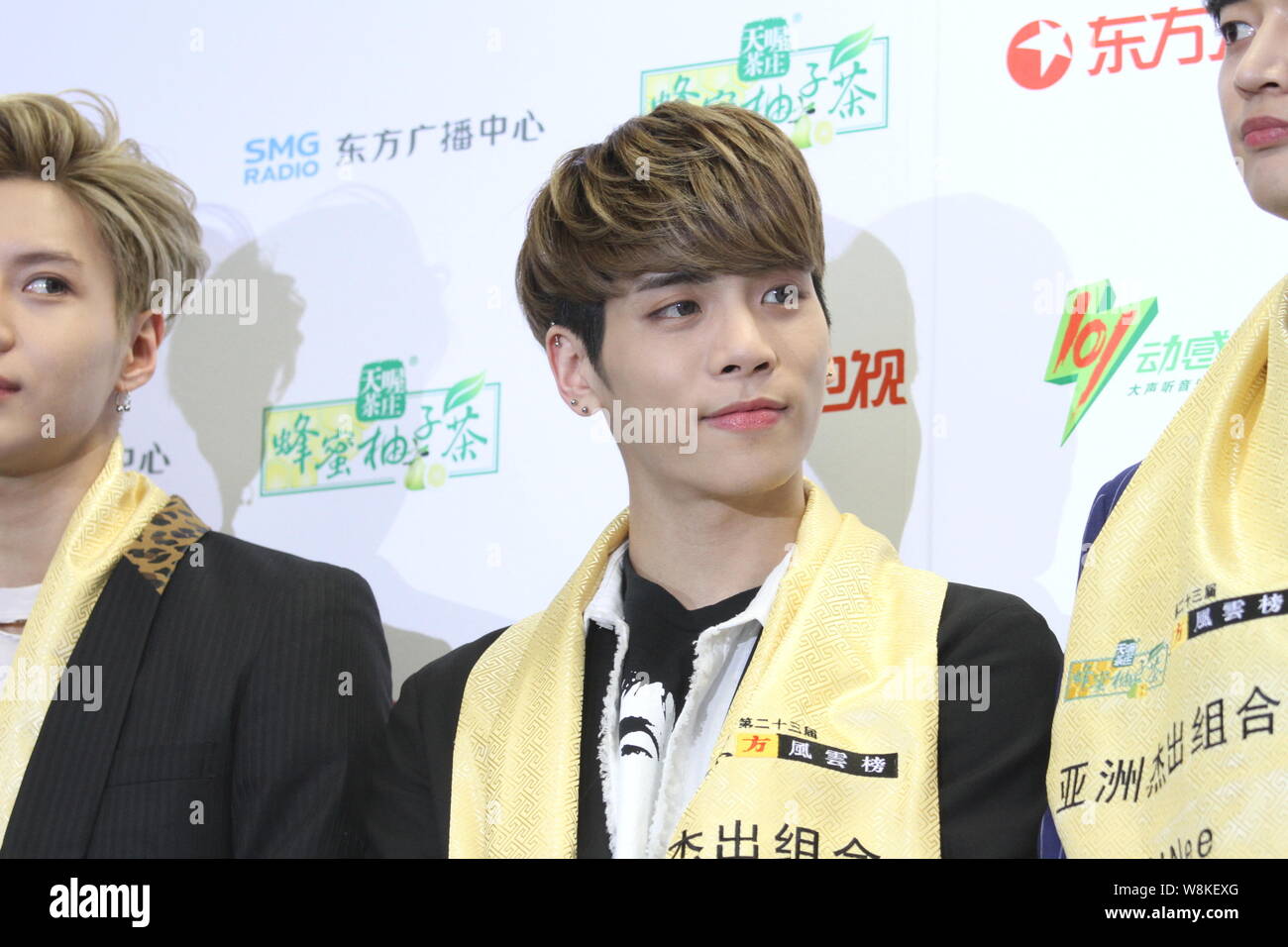 Members of South Korean boy group SHINee pose backstage during the ...