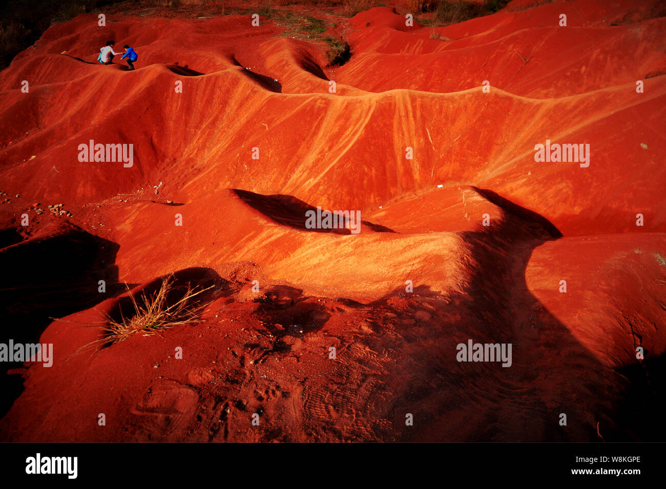 Landscape of red earth and brown-yellow silt in the Nanling Mountains ...