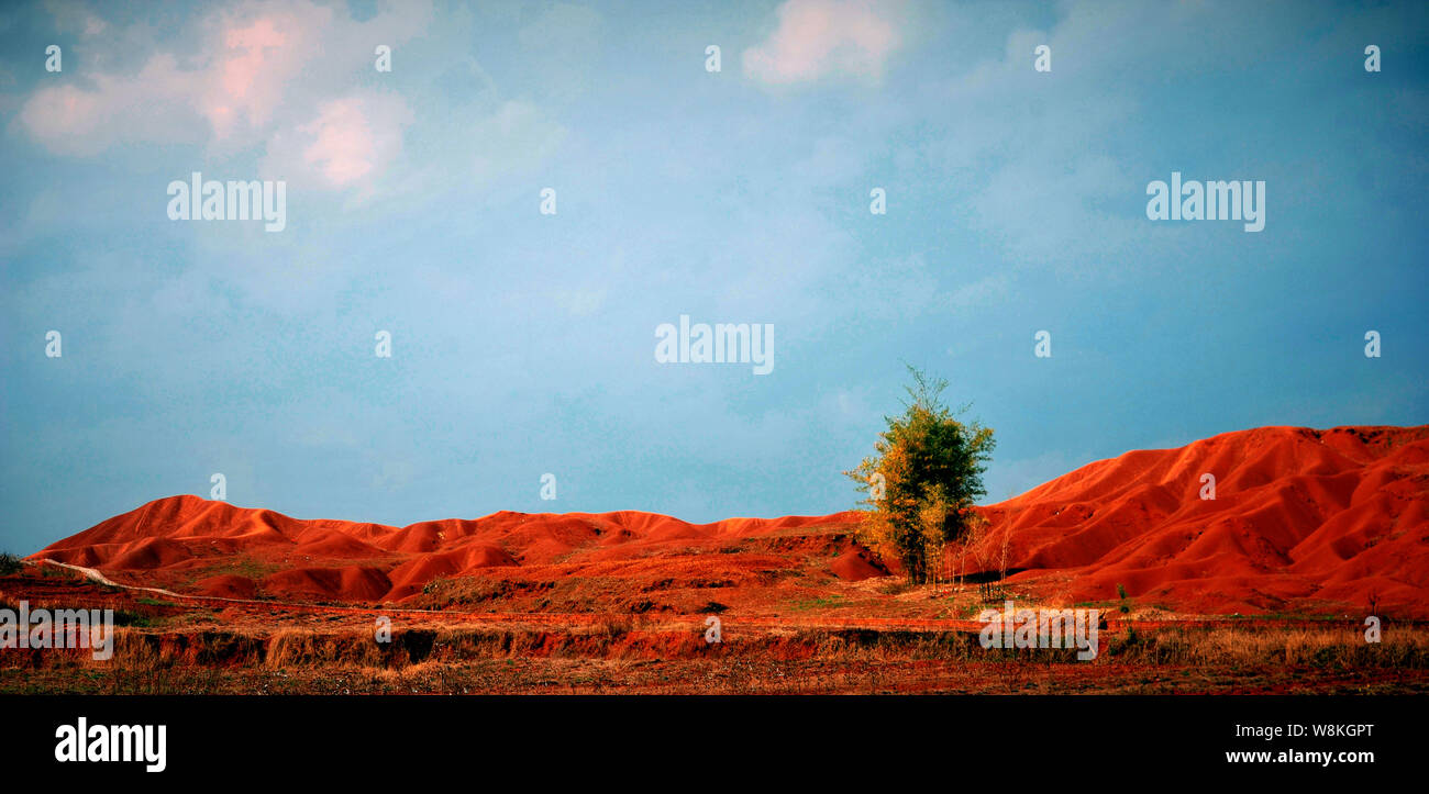 Landscape of red earth and brown-yellow silt in the Nanling Mountains ...