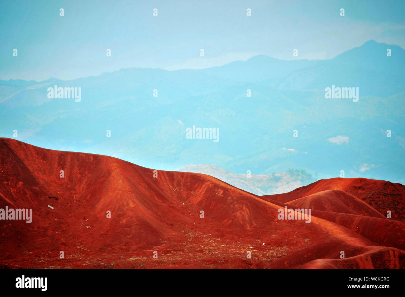 Landscape of red earth and brown-yellow silt in the Nanling Mountains ...