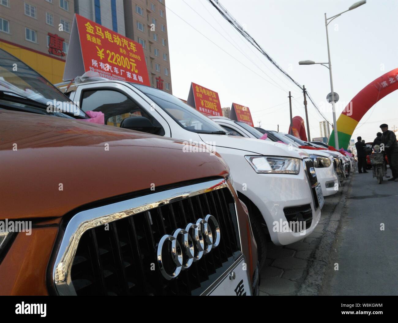 View of the five-ring logos on fake Audi cars for sale at a dealership ...