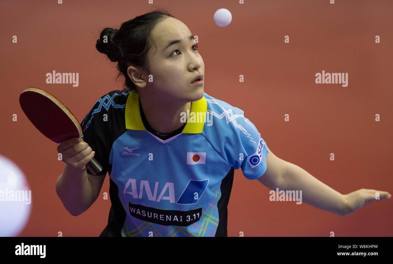 Mima Ito of Japan serves against Kim Song I of North Korea during their ...