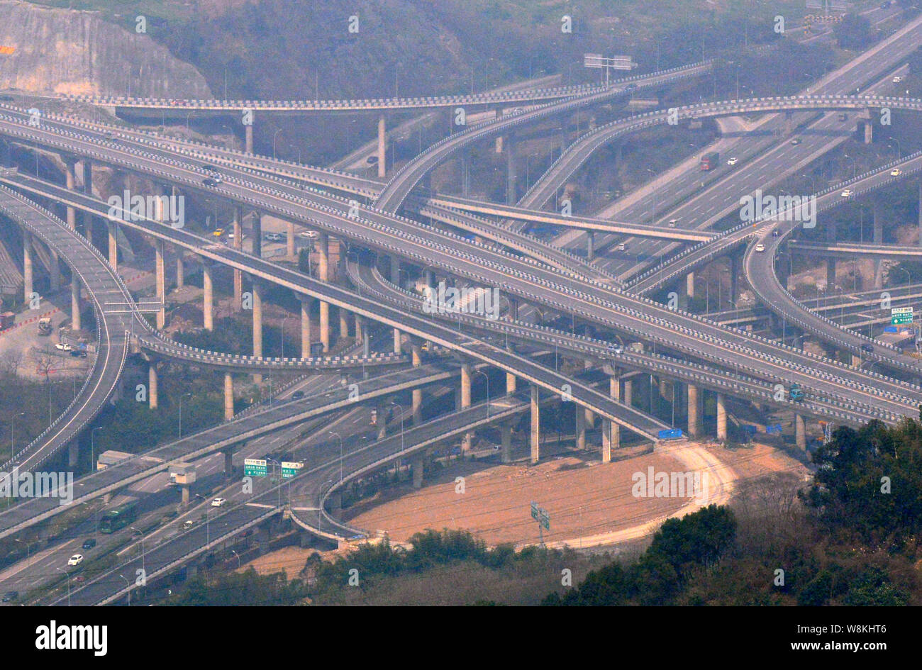 Aerial view of a five-level overpass in the downtown area of Chongqing ...