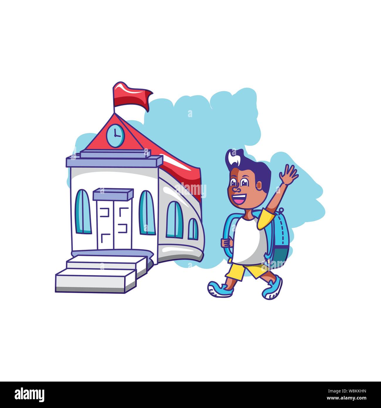 cute little student boy with bag education and school building vector ...
