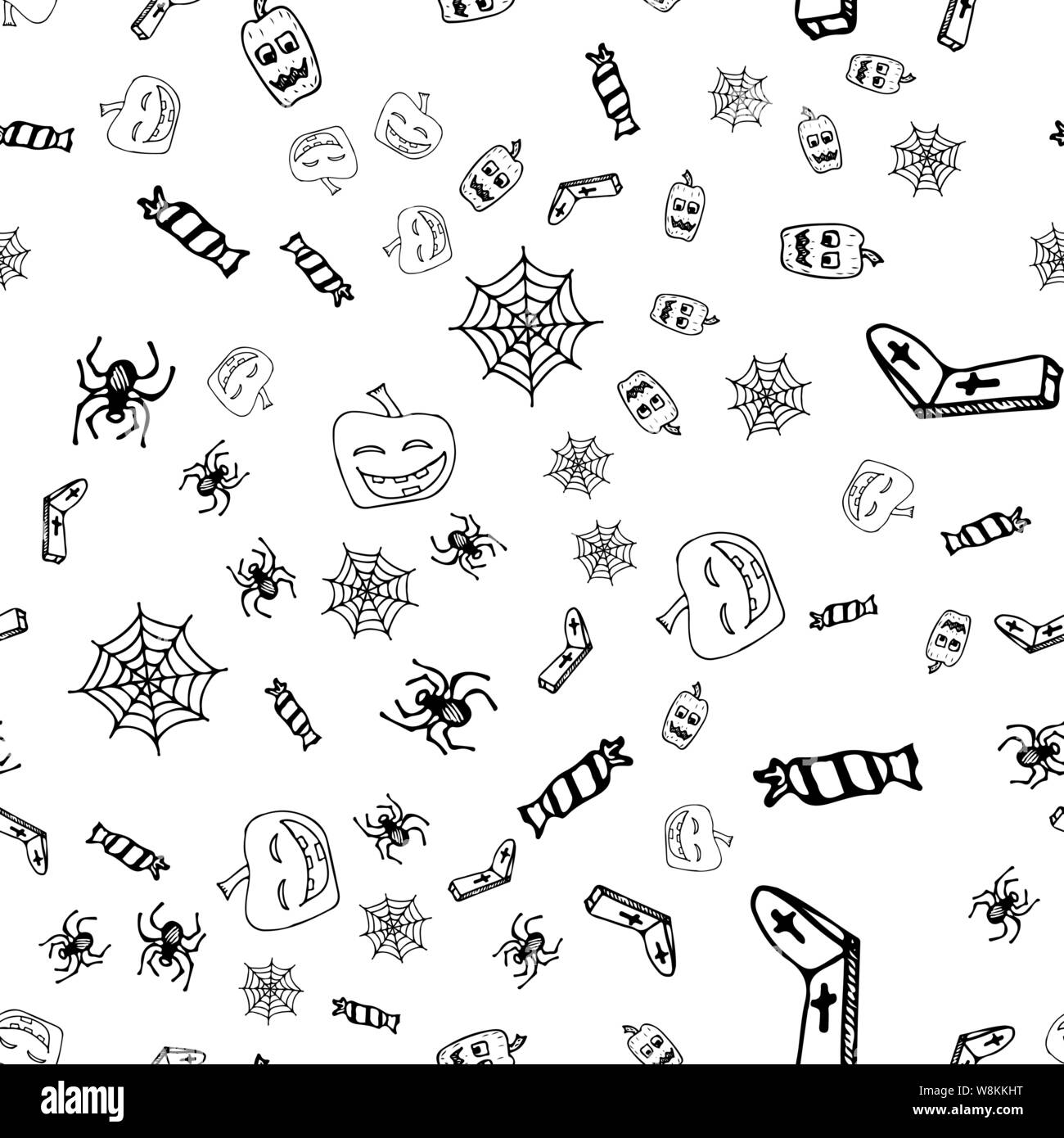 Halloween doodle seamless pattern set isolated on white background ...