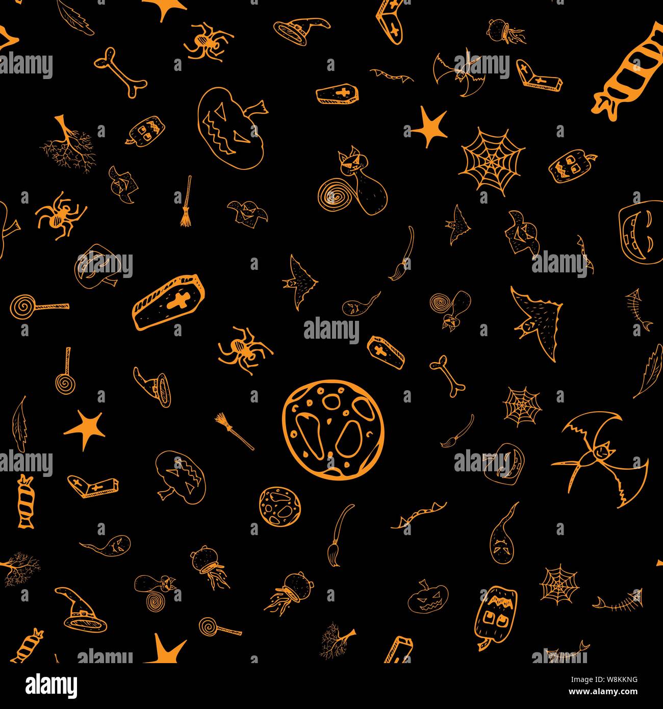 Halloween doodle seamless pattern set isolated on black background ...