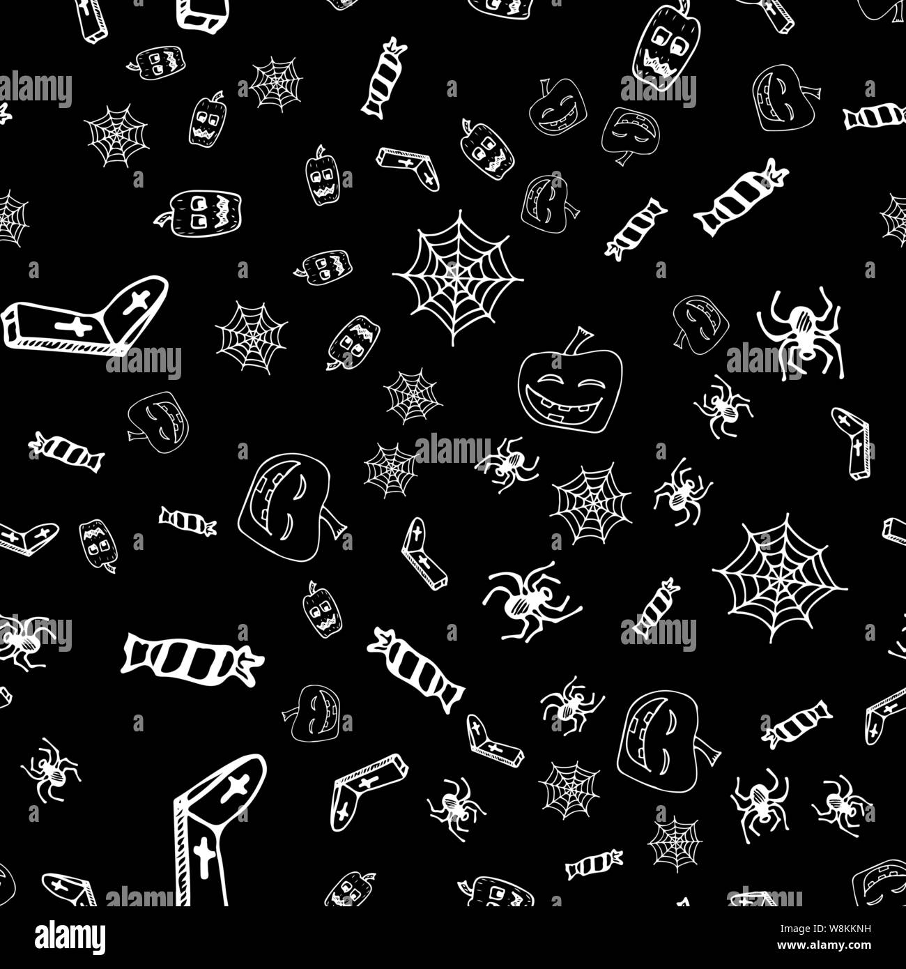 Halloween doodle seamless pattern set isolated on black background ...
