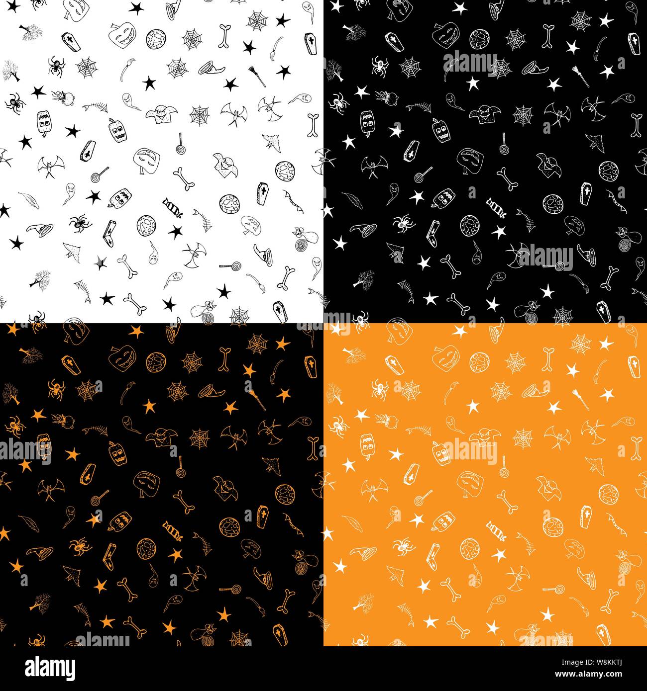 Halloween doodle seamless pattern set isolated on four backgrounds ...