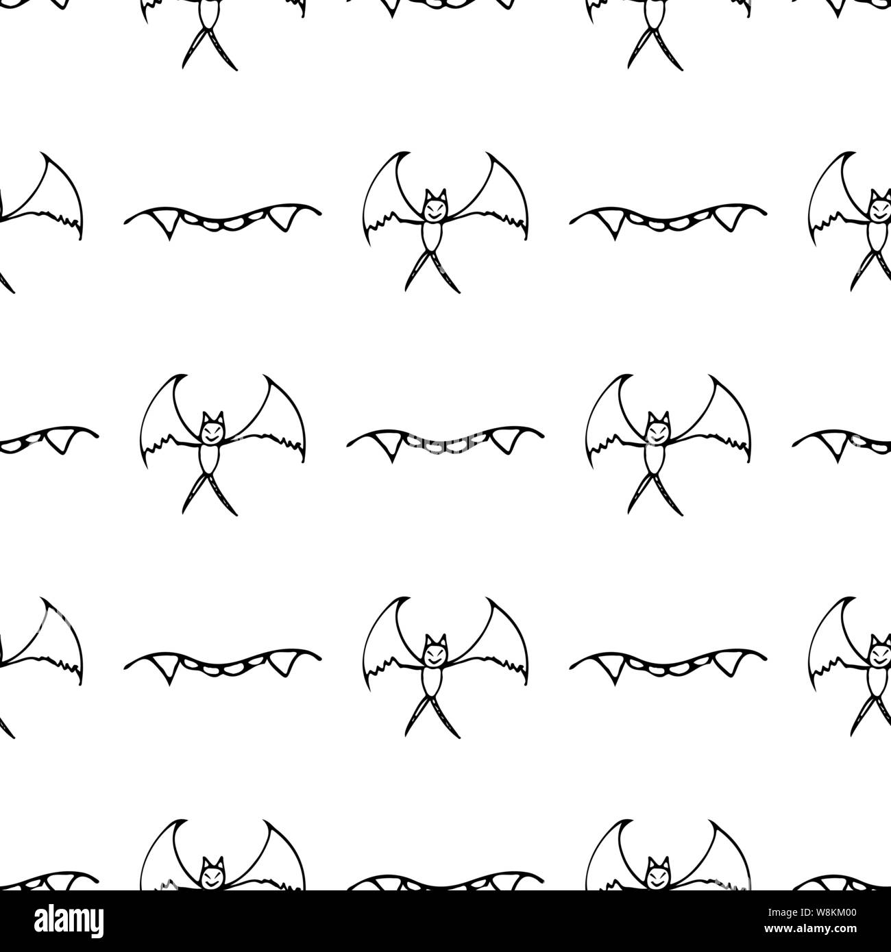 Bat and teeth seamless Halloween outline in the abstract style. Black ...