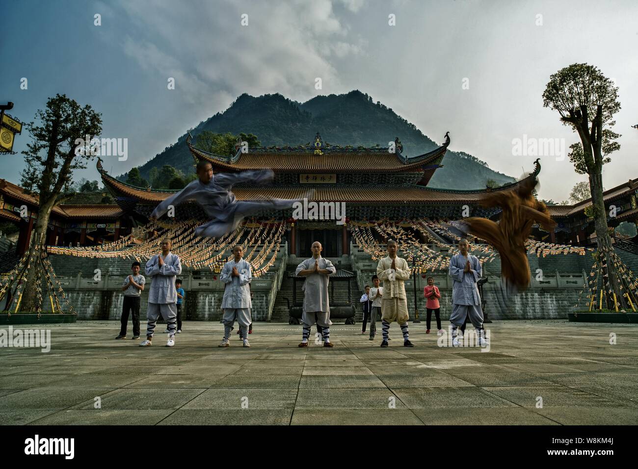 Chinese monks and young kids practise kungfu and martial arts at the ...