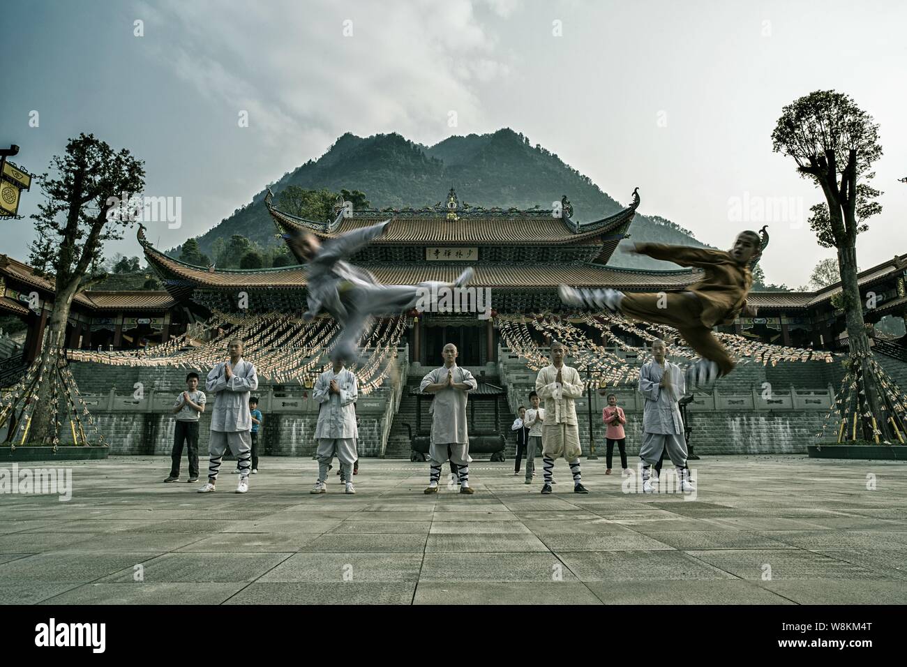 Chinese monks and young kids practise kungfu and martial arts at the ...
