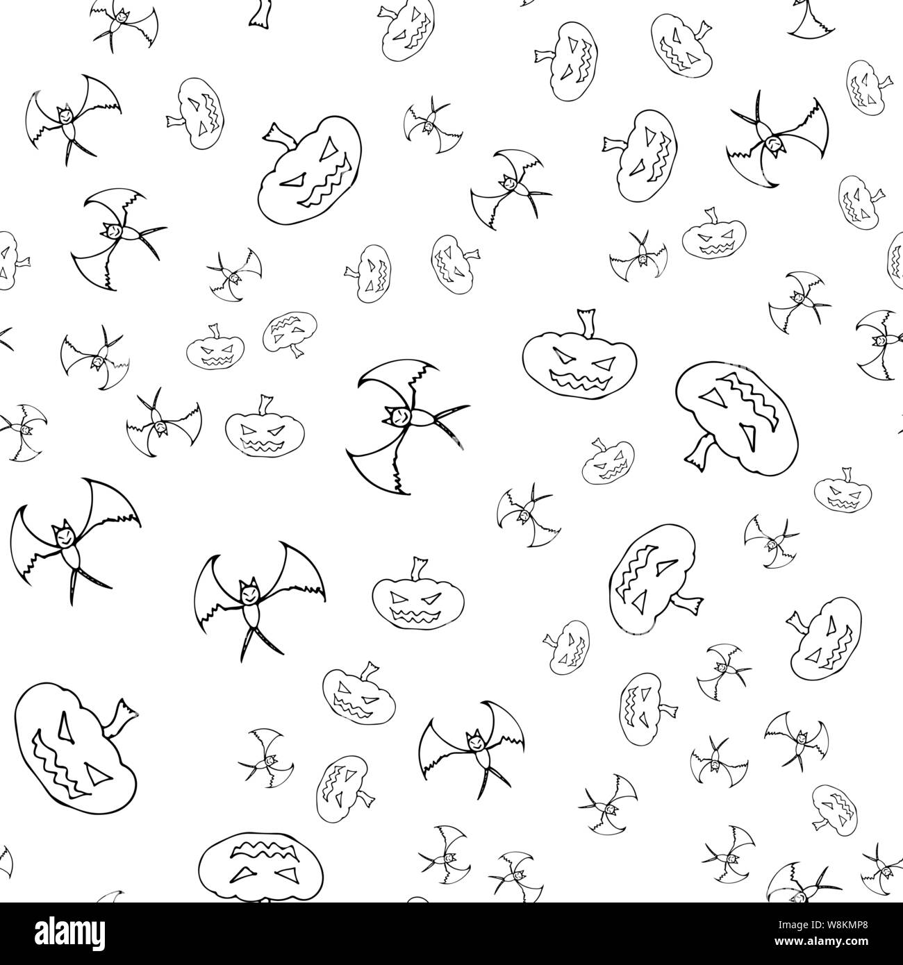 Bat and pumpkin seamless Halloween outline in the abstract style. Bats ...