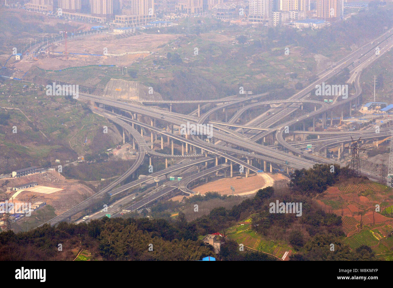 Aerial view of a five-level overpass in the downtown area of Chongqing ...
