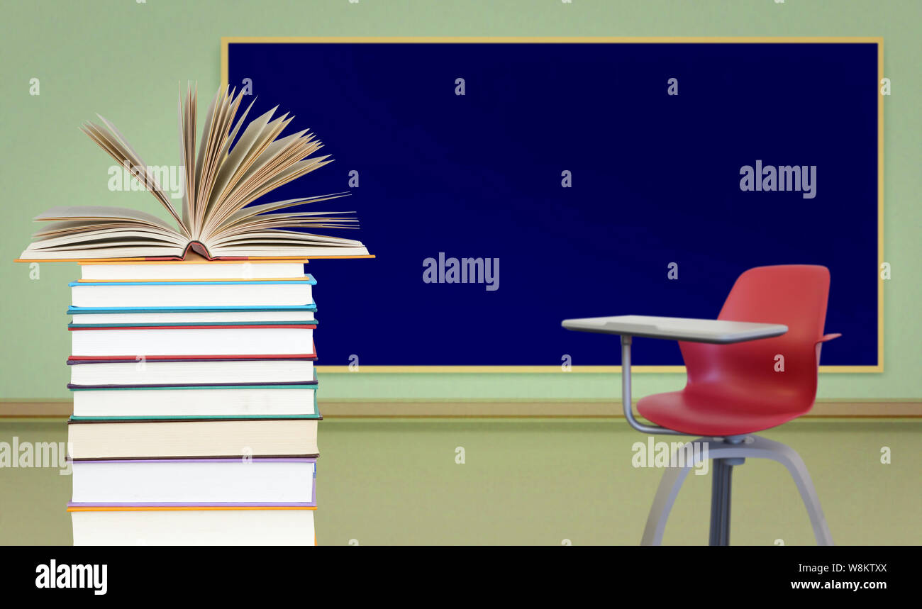 book, empty classroom, chair, blackboard with window for education ...