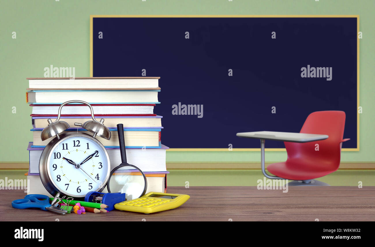 book, empty classroom, chair, blackboard with window for education ...