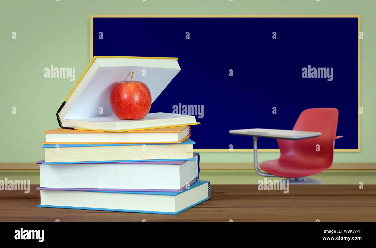 book, empty classroom, chair, blackboard with window for education ...