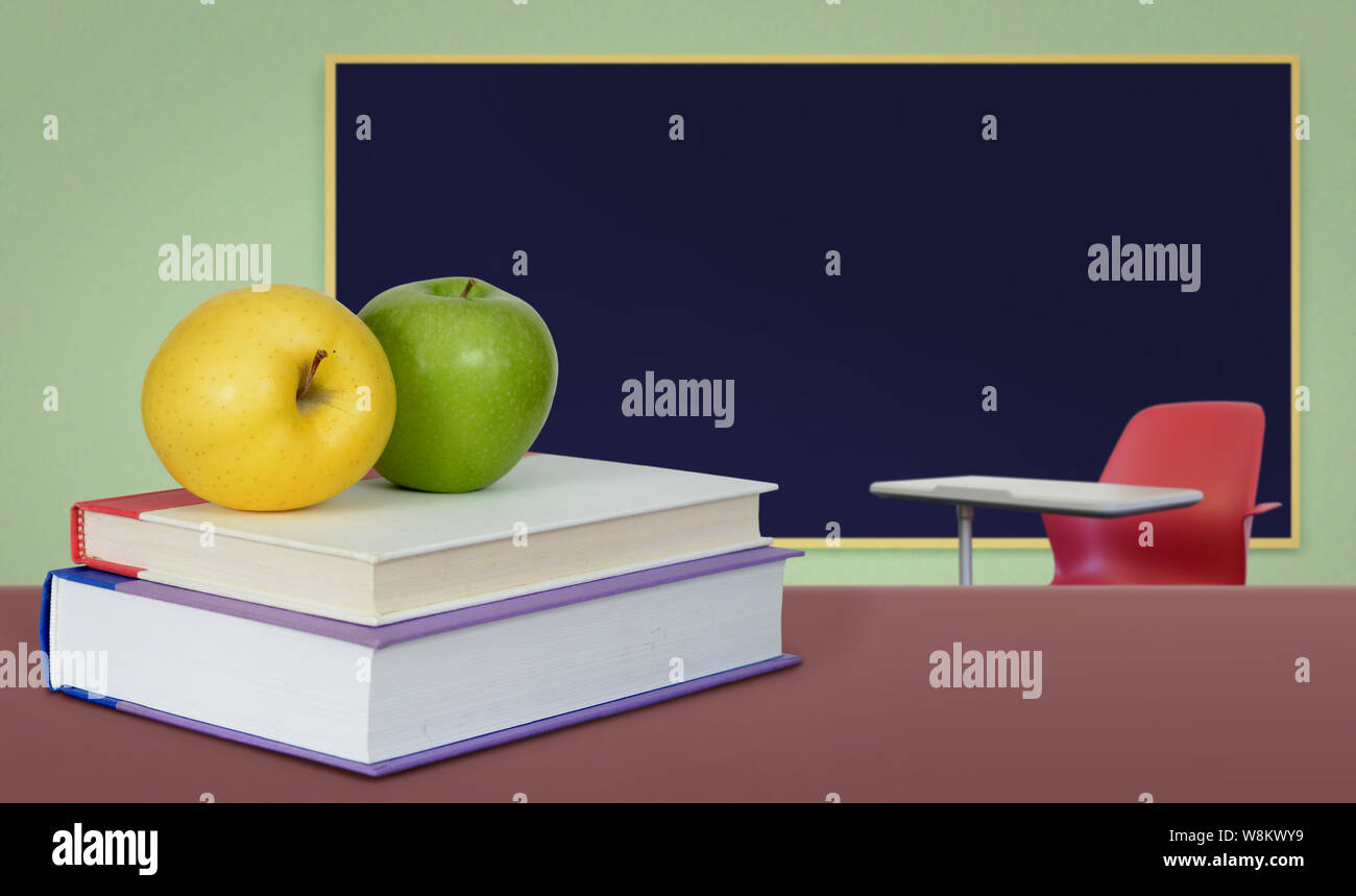 book, empty classroom, chair, blackboard with window for education ...