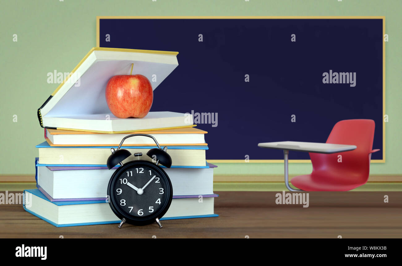 book, empty classroom, chair, blackboard with window for education ...